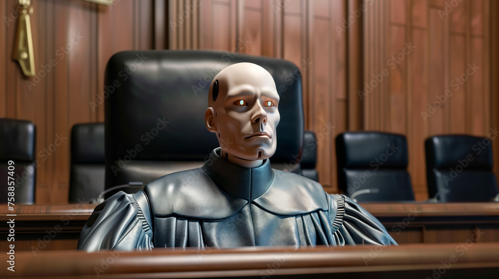 AI robot in judge robes sits in courtroom, symbolizing integration of ...