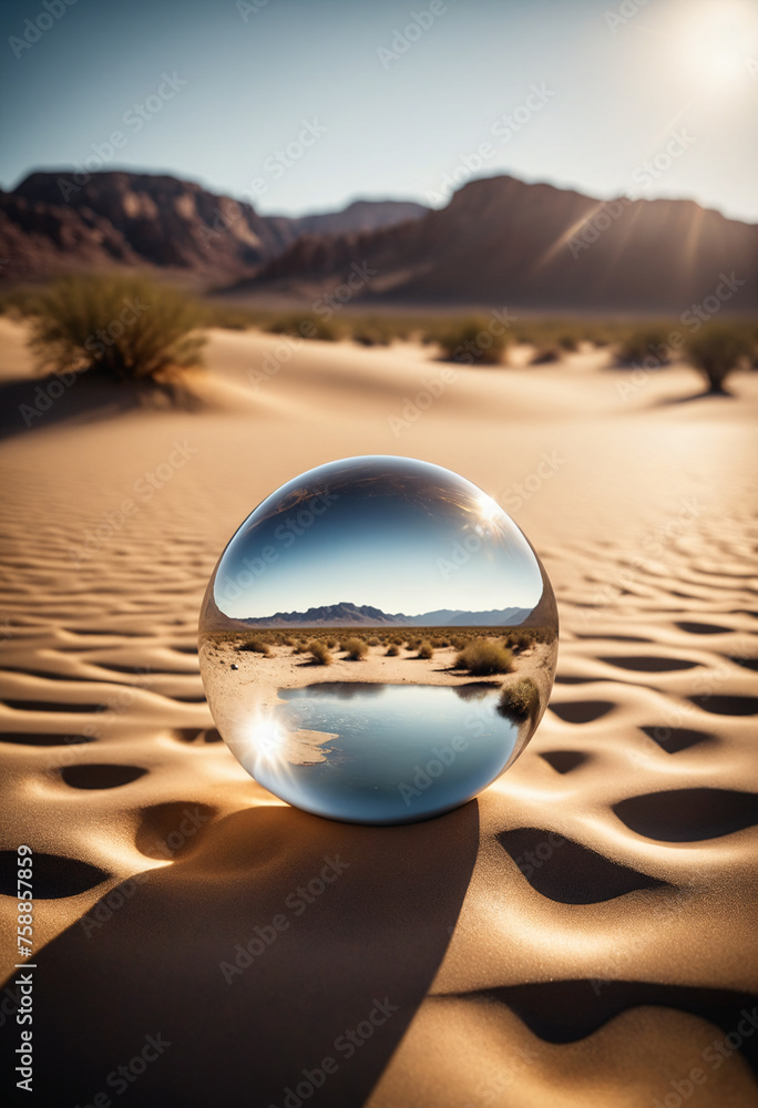 A water-filled orb in a desert with intricate lighting and texture ...