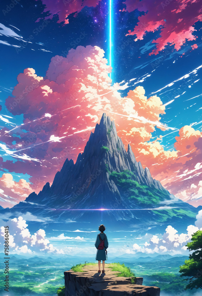 Anime illustration of a solitary figure under a vast sky, contemplating ...
