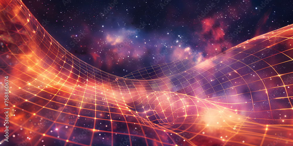 Digital fabric of space-time, curved grid lines on a cosmic nebula ...