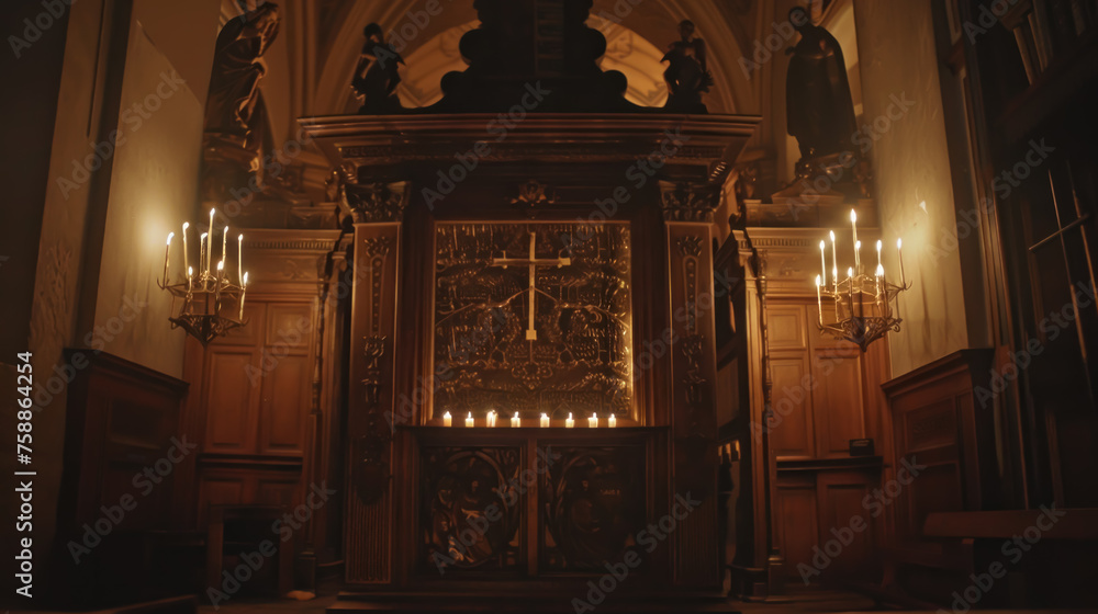 Wide-angle view from the back of a soaring Gothic cathedral interior ...