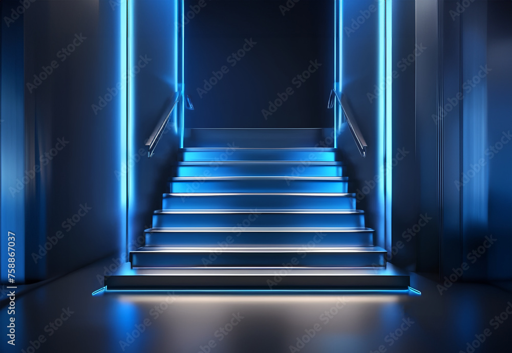 Empty silver metallic stairs with blue neon gradient background Stock ...