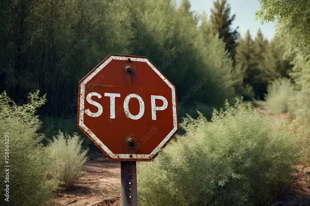 Close-up of an vintage, peeling, rusty stop sign in very rough ...