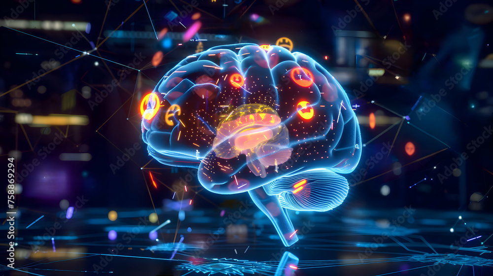 A brain, with highlighted regions that are active during happiness and ...