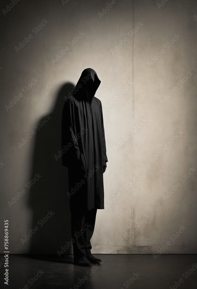 Solitary figure shrouded in shadow with dim lighting reflecting the ...