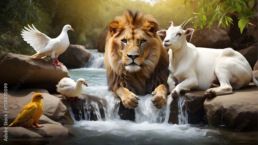A lion, A Goat, Drinking water from a river, theme prosperity and peace ...