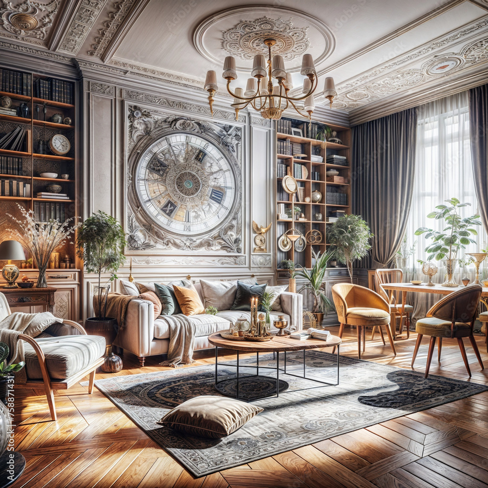 a living room with a couch, table and chairs, a stock photo ...