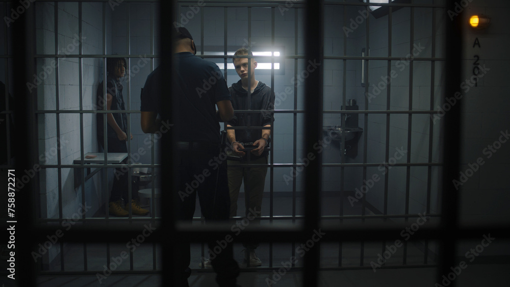 Warden brings young prisoner in jail cell and takes off his handcuffs ...