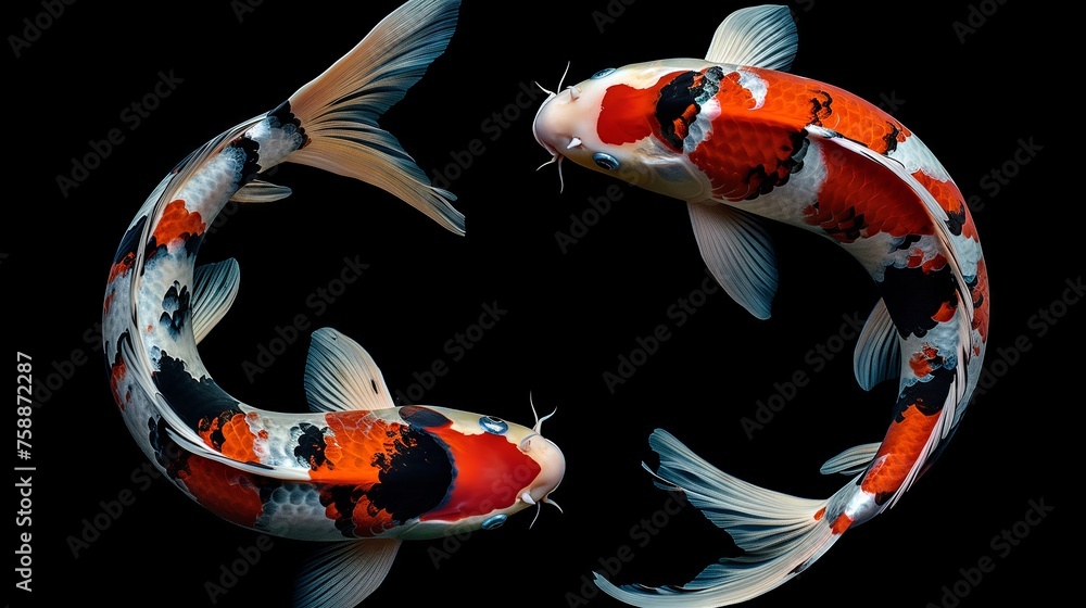 two koi fish swimming in a circle in a dark background. forming a yin ...