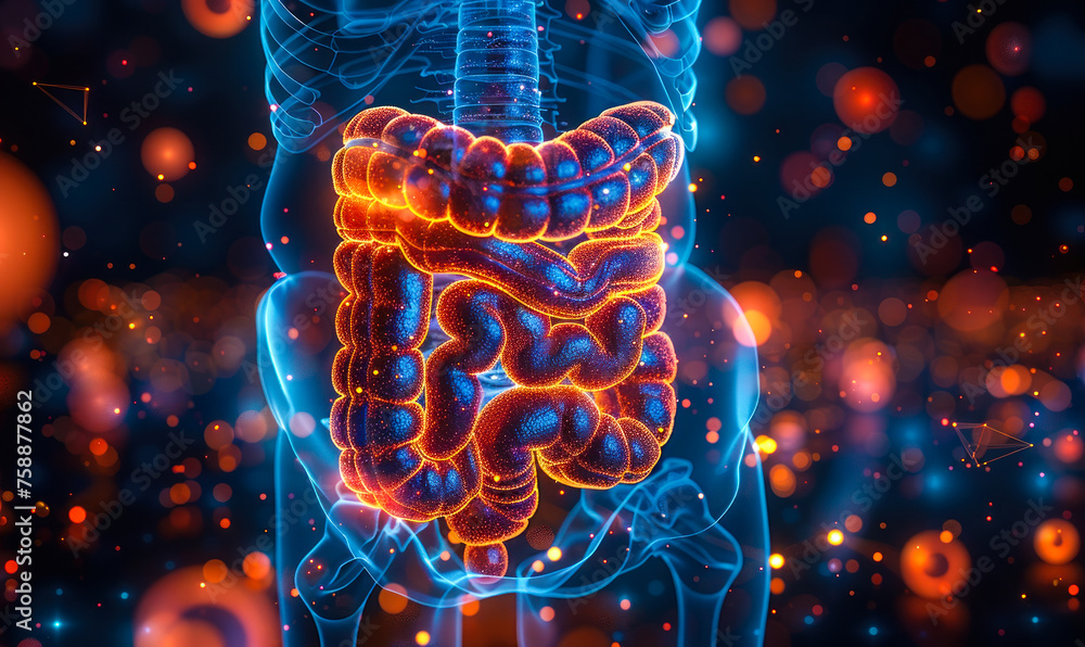 Advanced 3D medical illustration of a glowing human digestive system ...