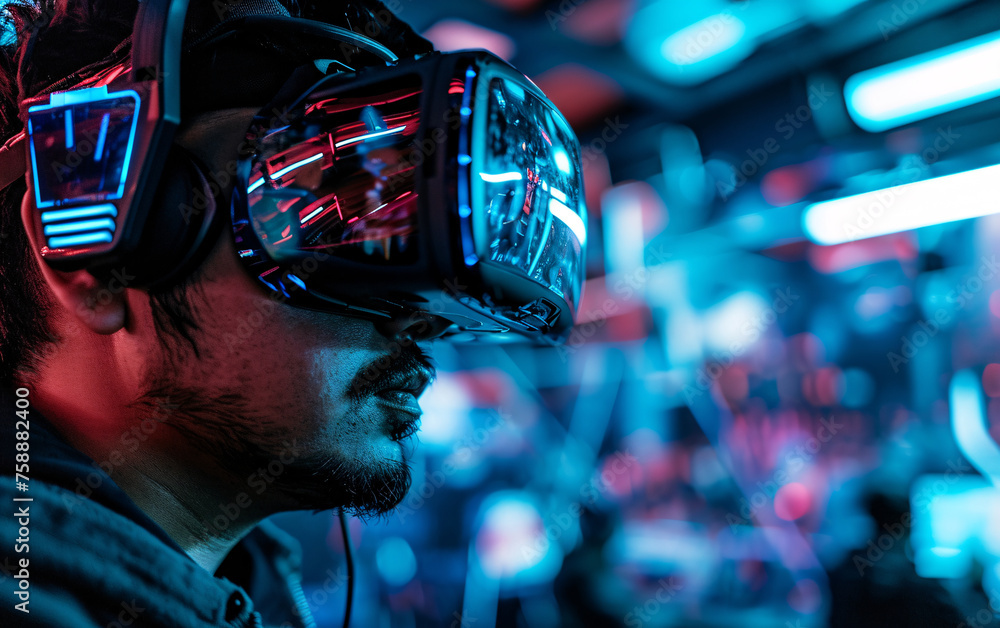 Portrait of a young man gamer in augmented or virtual reality glasses ...