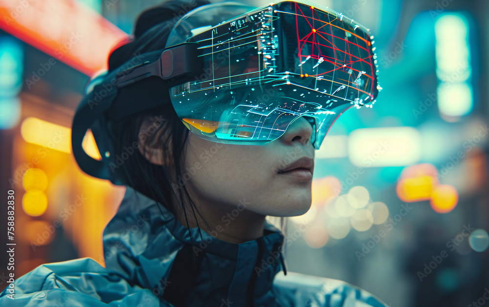 Futuristic Portrait of a young woman wearing augmented or virtual ...