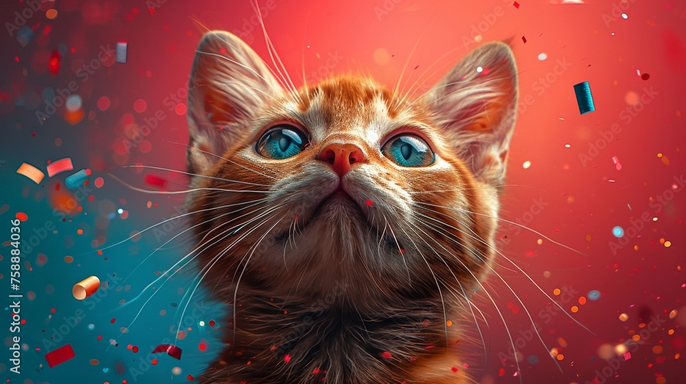 Amidst a whirlwind of confetti and streamers a cartoon cat indulges in ...