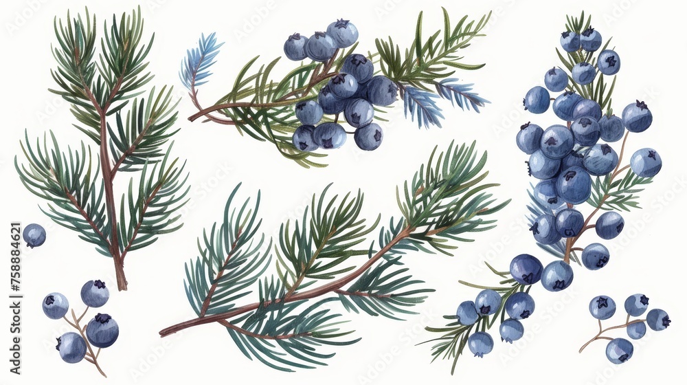 This is a vintage botanical drawing of a juniper tree with berries and ...