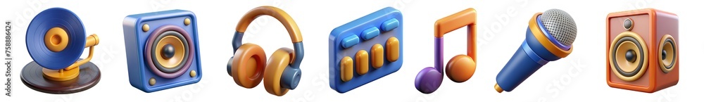Music 3d icon set. Equipment for listening and recording sound ...
