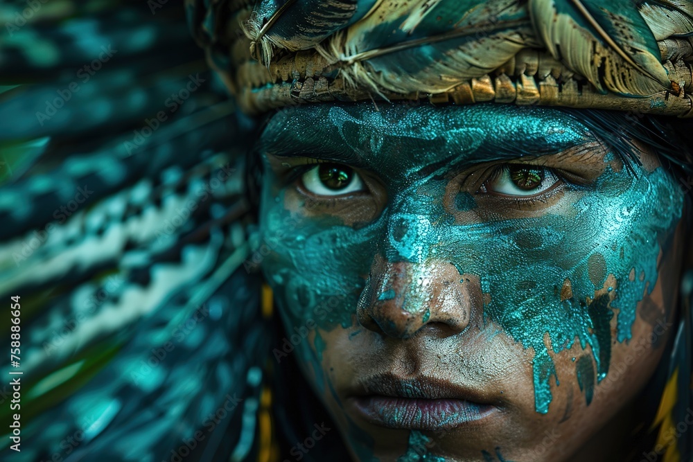 Close-up of the face of an indigenous person from the Amazon jungle ...