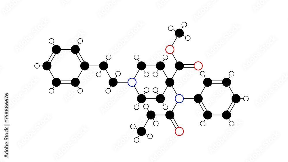 carfentanil molecule, structural chemical formula, ball-and-stick model ...
