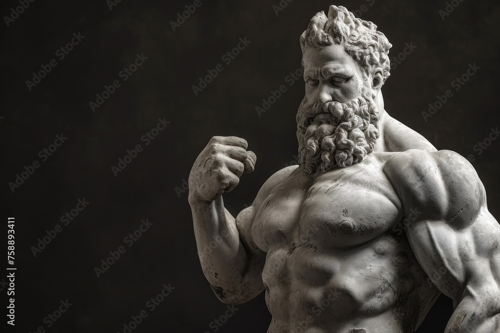 Antique statue of a muscular man with a beard and prominent sculpted ...