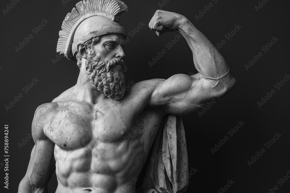 Antique statue of a muscular man with a beard and prominent sculpted ...
