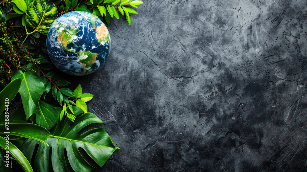 Lush greenery and a vividly represented globe powerfully juxtapose on a ...