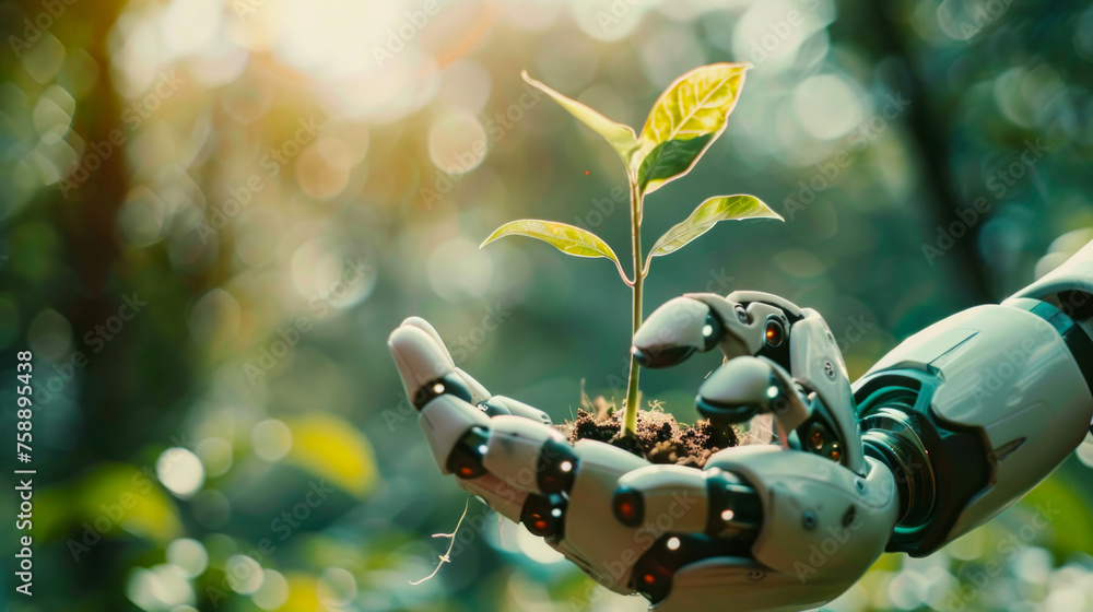 A composition featuring a robot hand carefully holding a young green ...