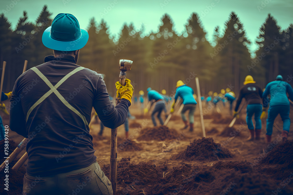 Rear view of a tree planter a man walks along the future tree planting sites full of pine ...