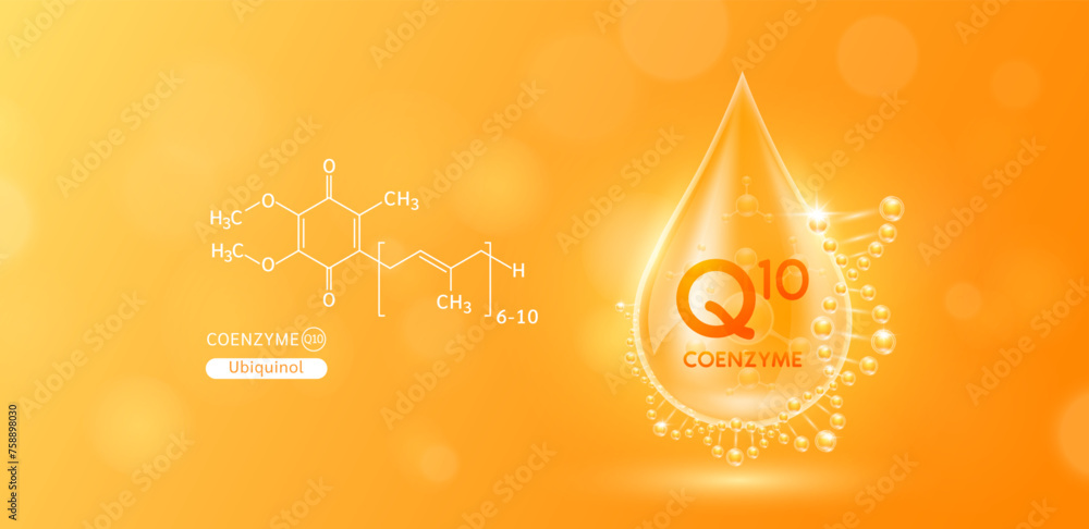 Drop water serum solution coenzyme Q10 or Ubiquinol surrounded by DNA ...