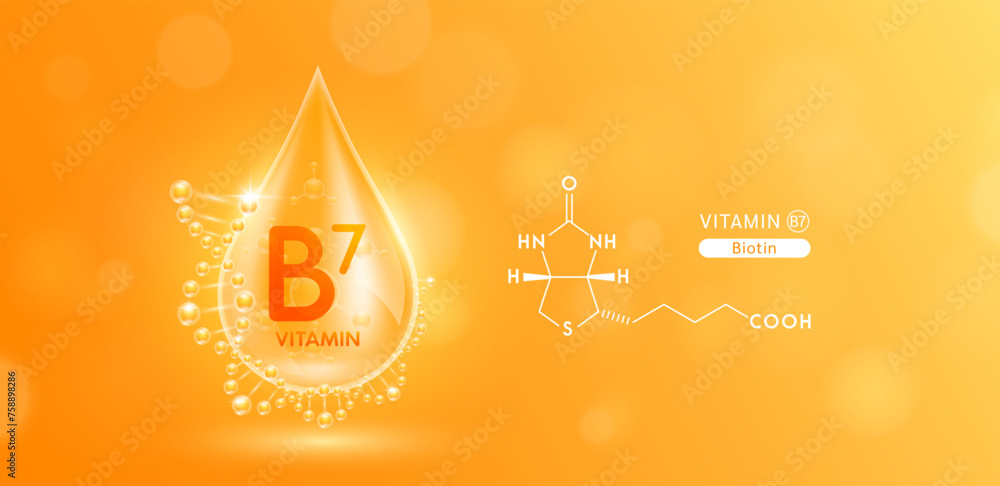 Drop water serum solution vitamin B7 or Biotin surrounded by DNA and ...