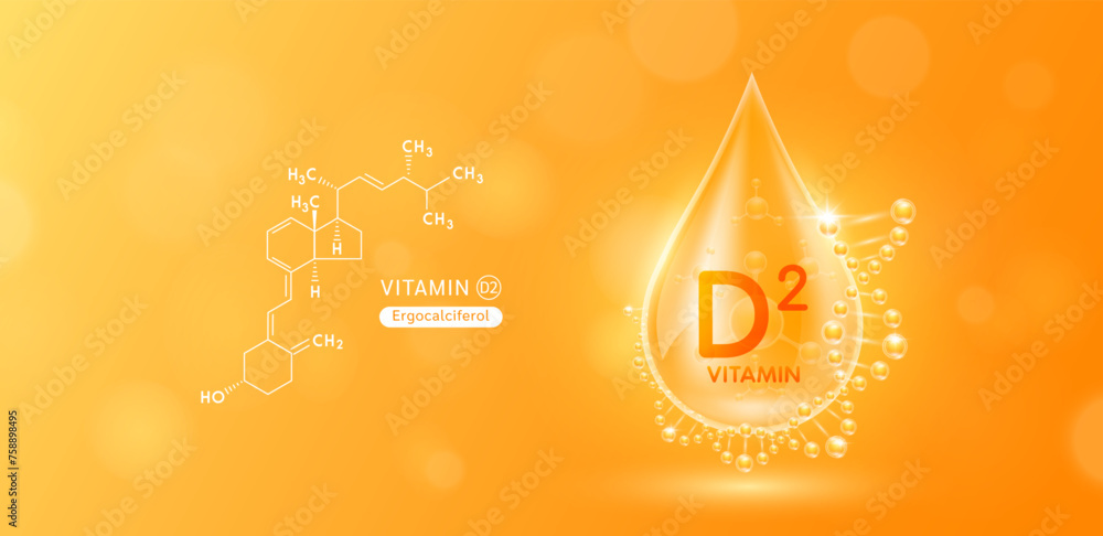 Drop water serum solution vitamin D2 or Ergocalciferol surrounded by ...