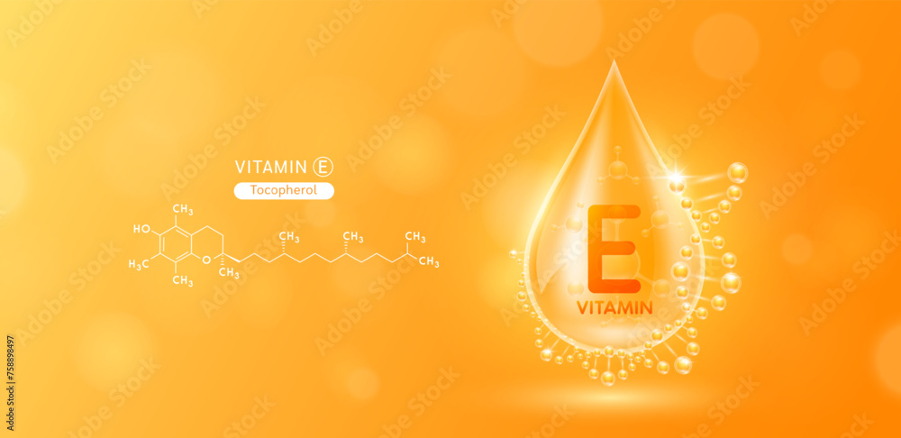 Drop water serum solution vitamin E or Tocopherol surrounded by DNA and ...
