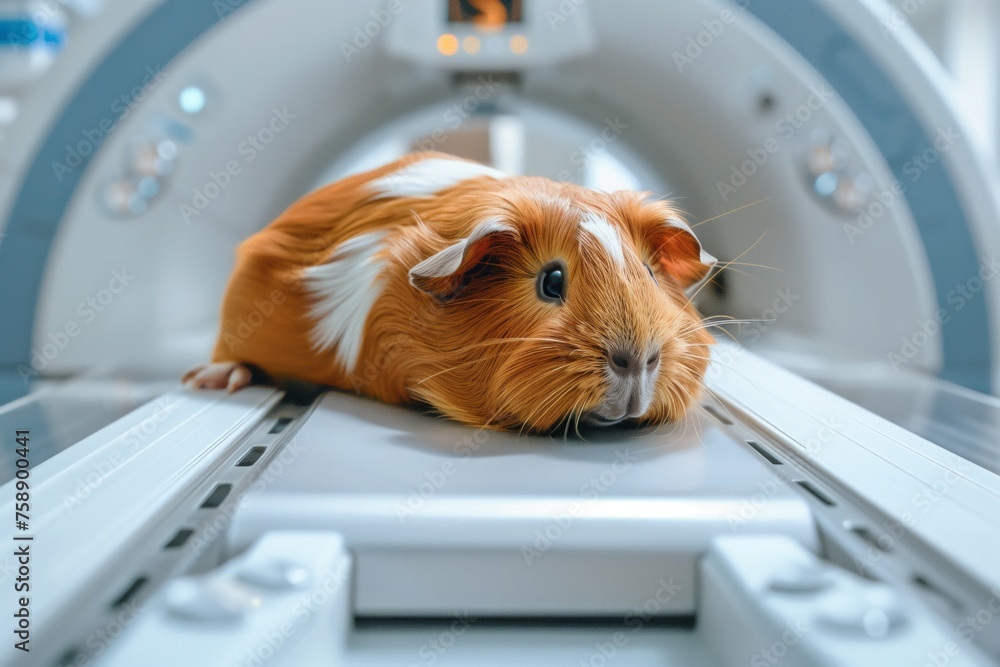 guinea pig lying in an MRI scanner in veterinary clinic, copy space for ...