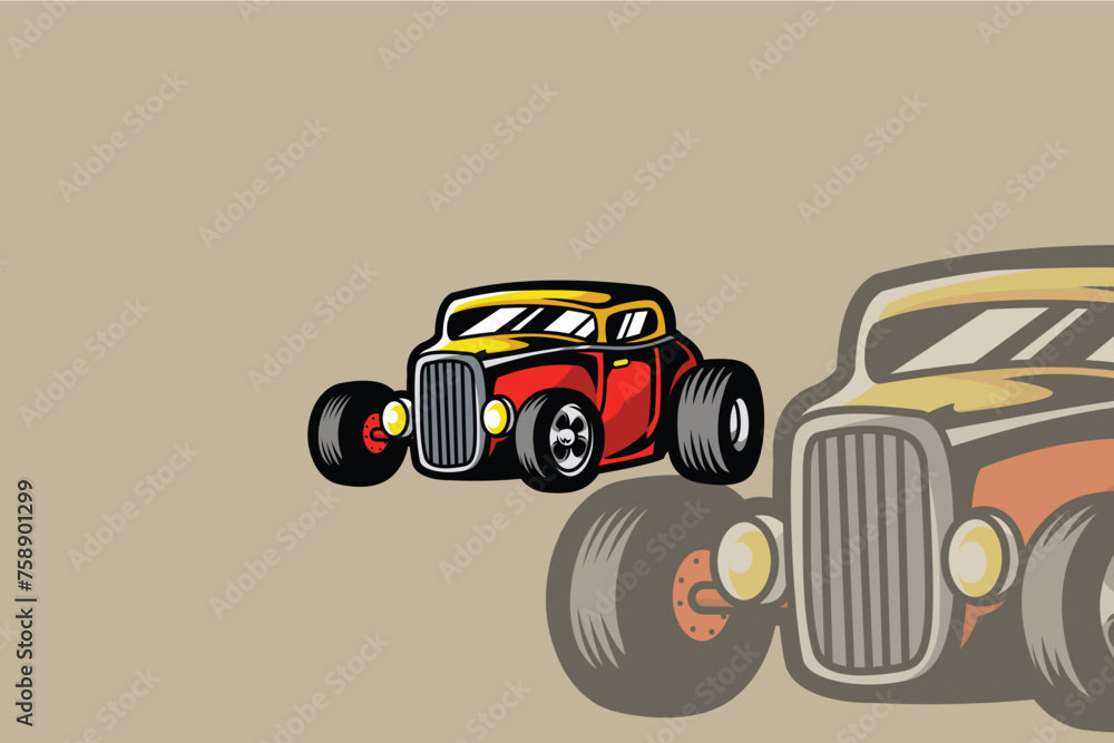 logo A cartoon car is displayed in vintage style and is sitting on the ...