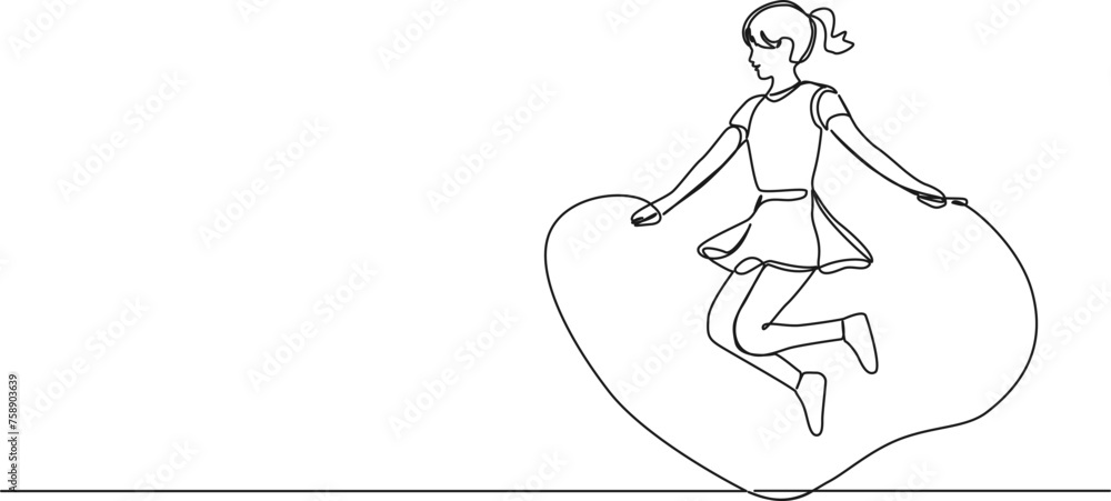 continuous single line drawing of girl jumping rope, line art vector ...