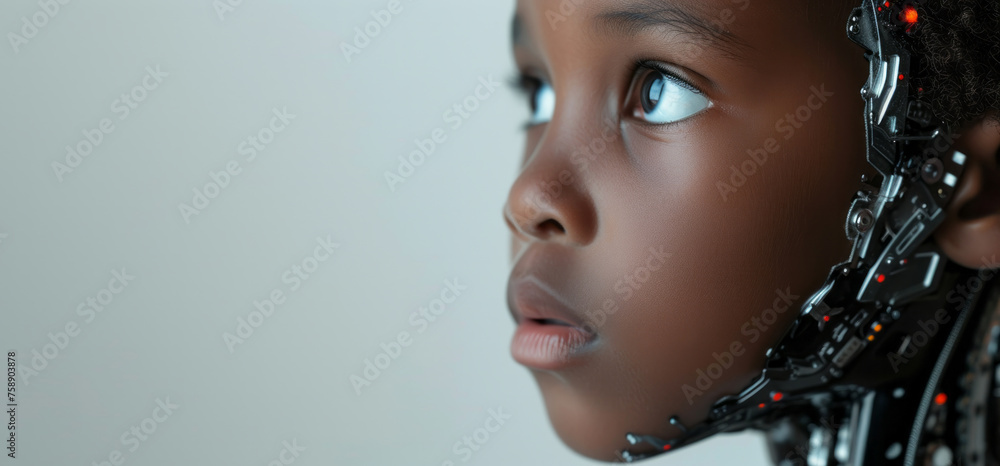 Portrait of an afro american cyborg robot child with technical elements ...