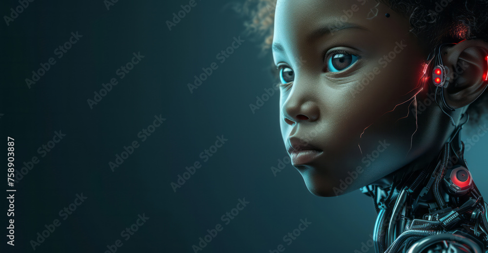 Portrait of an afro american cyborg robot child with technical elements ...