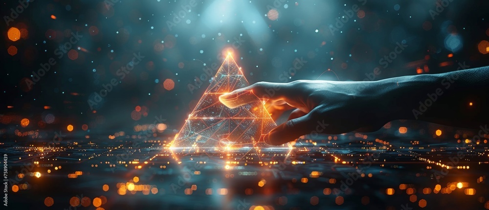 A futuristic financial technology concept with a hexagonal pyramid and ...