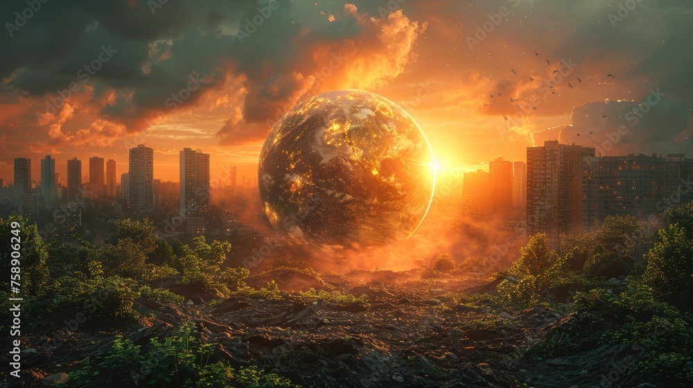 Earth destroyed by pollution. Concept of global catastrophe (greenhouse effect and global ...