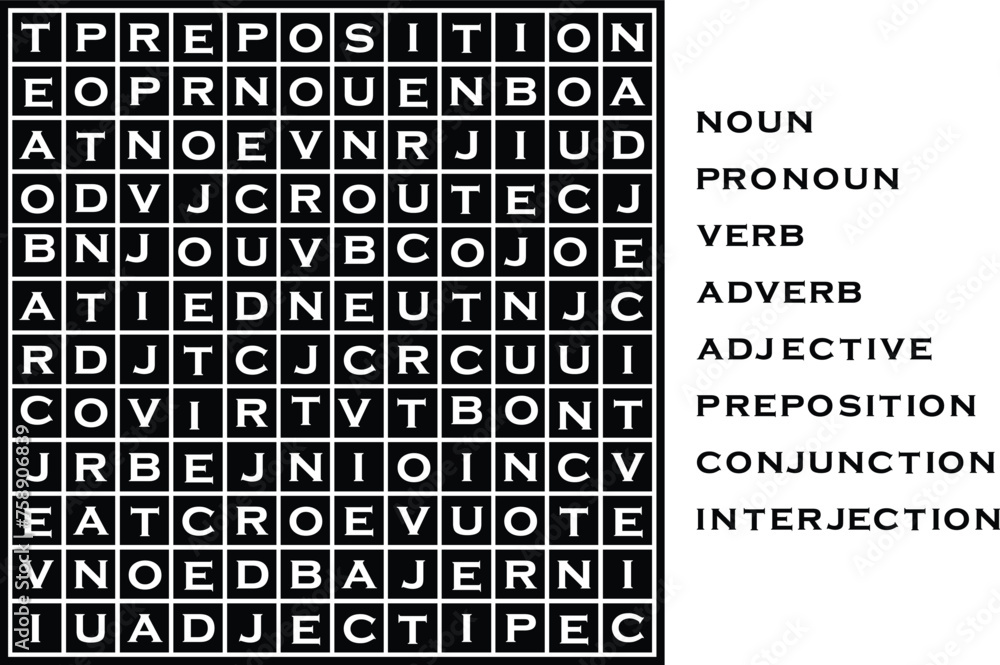 Vetor de Word search puzzle about the kinds of parts of speece ...