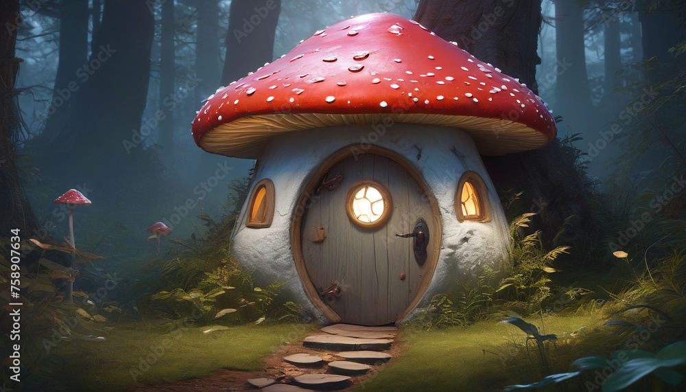 Mushroom-shaped house in the middle of the forest. Home for elves and ...