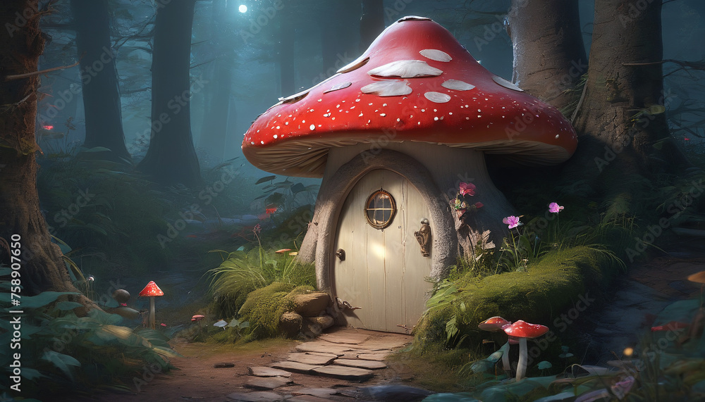 Mushroom-shaped house in the middle of the forest. Home for elves and ...