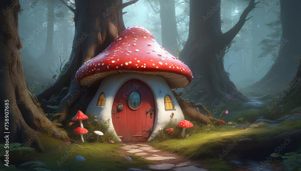 Mushroom-shaped house in the middle of the forest. Home for elves and ...