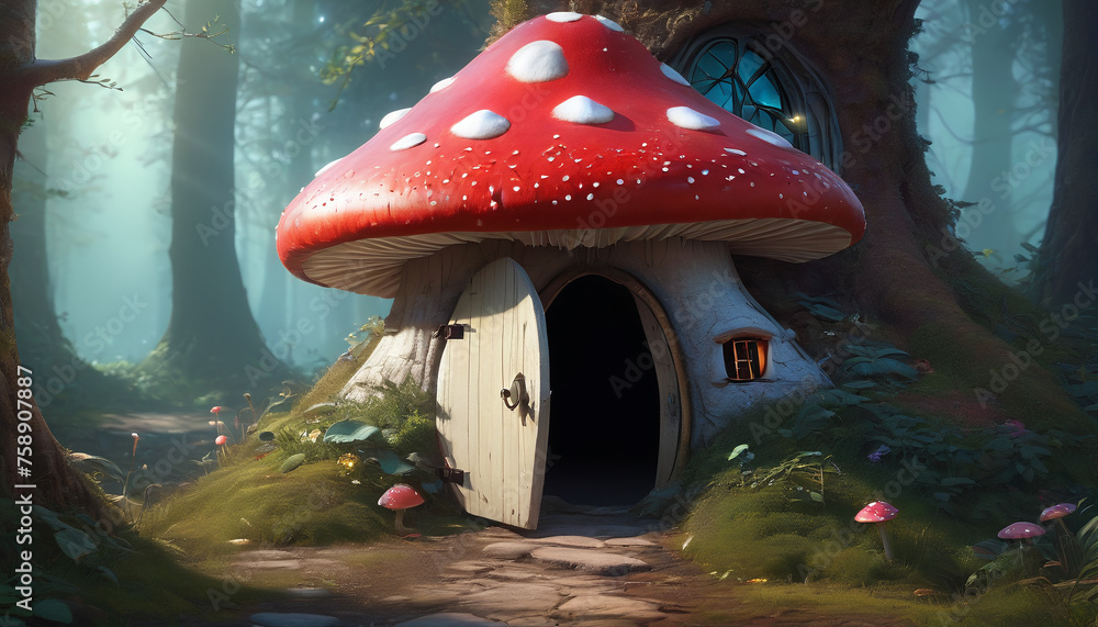 Mushroom-shaped house in the middle of the forest. Home for elves and ...