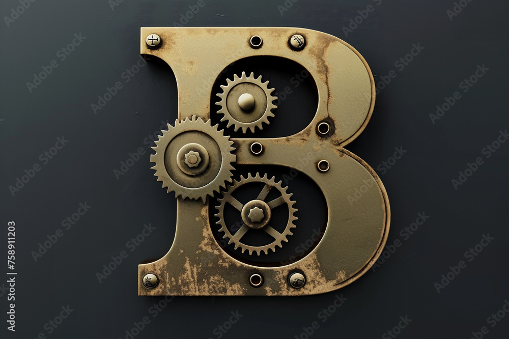 Metallic 3D steampunk alphabet, initial letter B with gears and metal ...