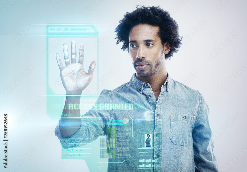 Man, hand and futuristic screen for biometric with cyber security for ...