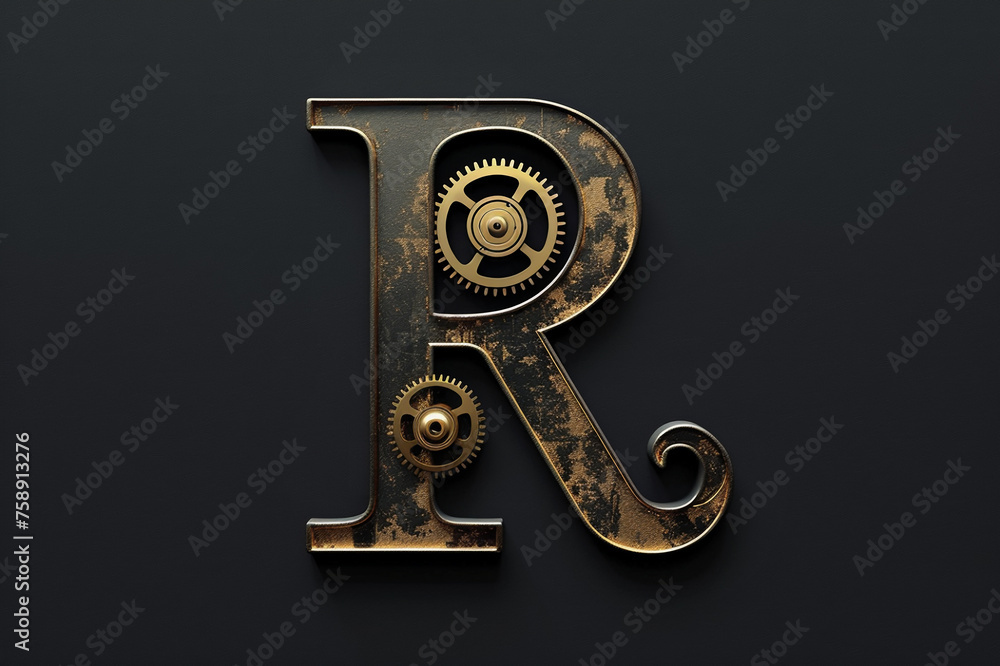 Metallic 3D steampunk alphabet, initial letter R with gears and metal ...