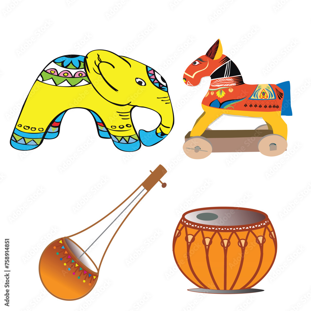 Happy Pohela Boishakh icon set with Elephant, Hourse, aktara, Dogdogi ...
