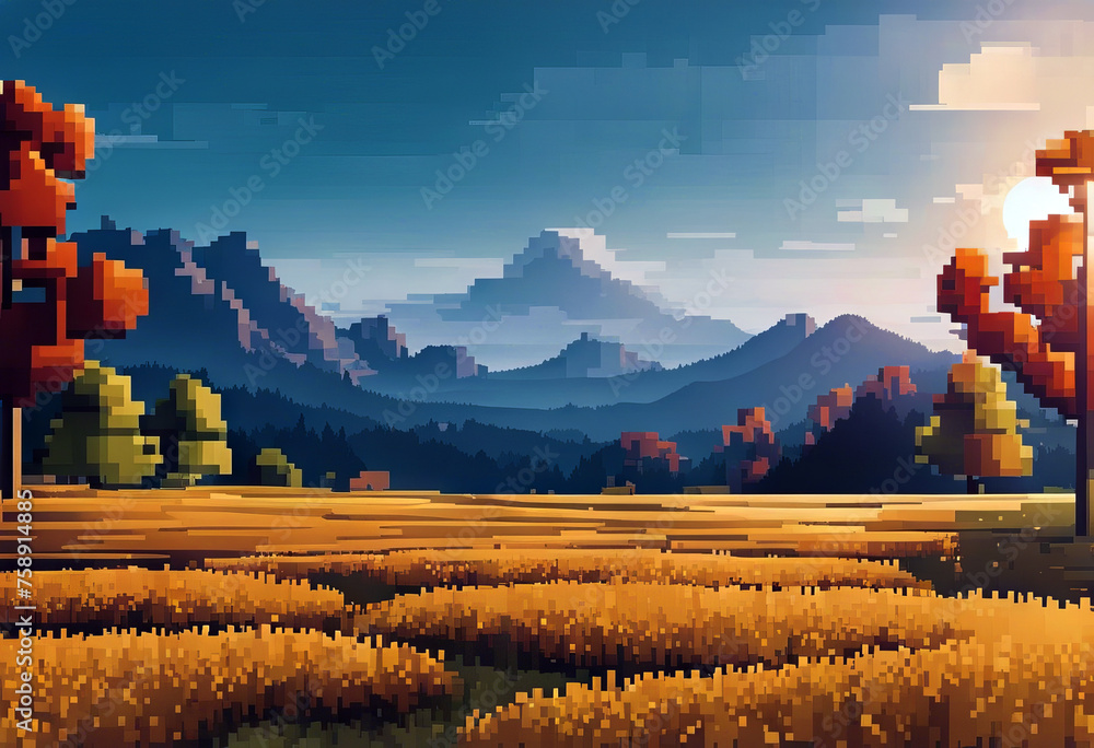 Pixel art design with outdoor landscape background. stock ...