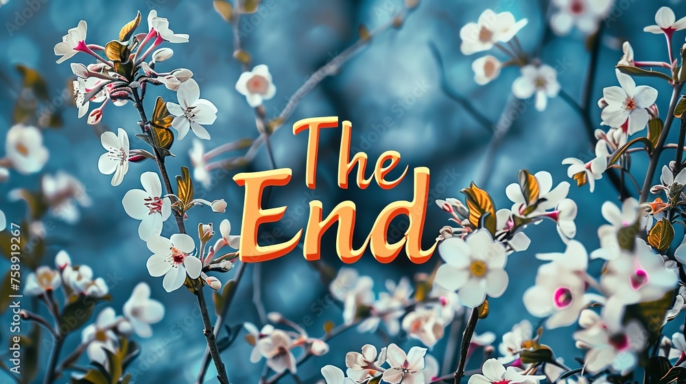 The end text surrounded and background with spring flowers Stock ...