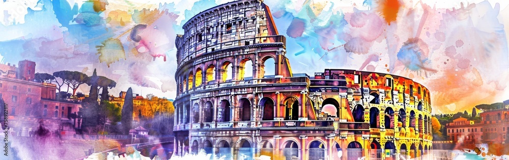 A watercolor painting depicting the iconic Colosseum in Rome ...