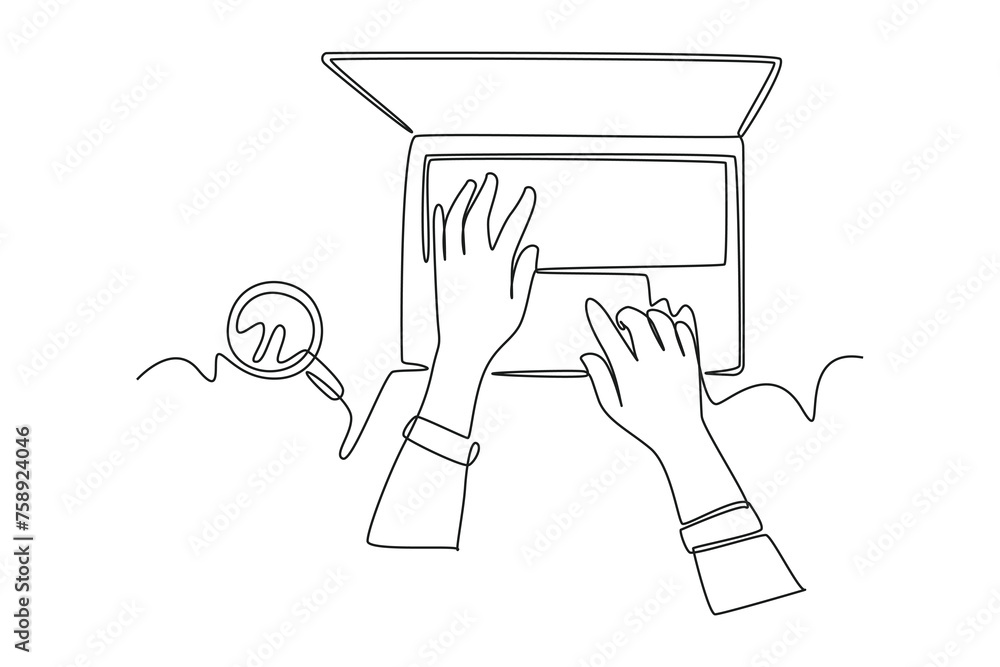 Single continuous line drawing of woman's hands typing on a laptop with ...